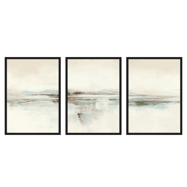 Conjunto de tres cuadros abstractos en tonos beige y trazos azules ...