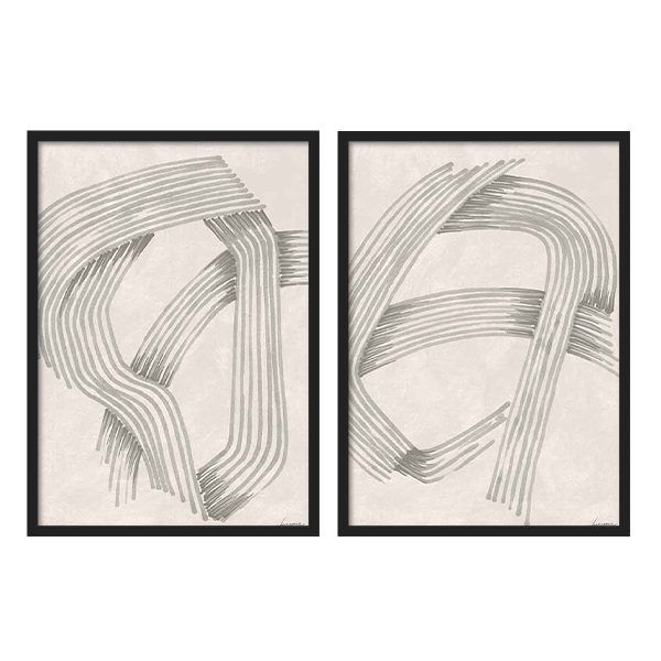 Conjunto de cuadros abstractos con líneas grises entrelazadas. kudeko.com