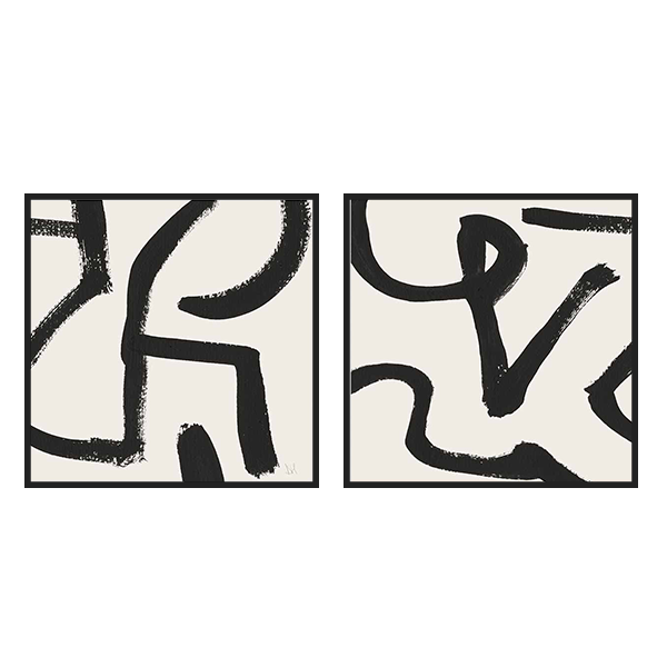 Conjunto de dos cuadros cuadrados abstractos con líneas curvas en negro ...